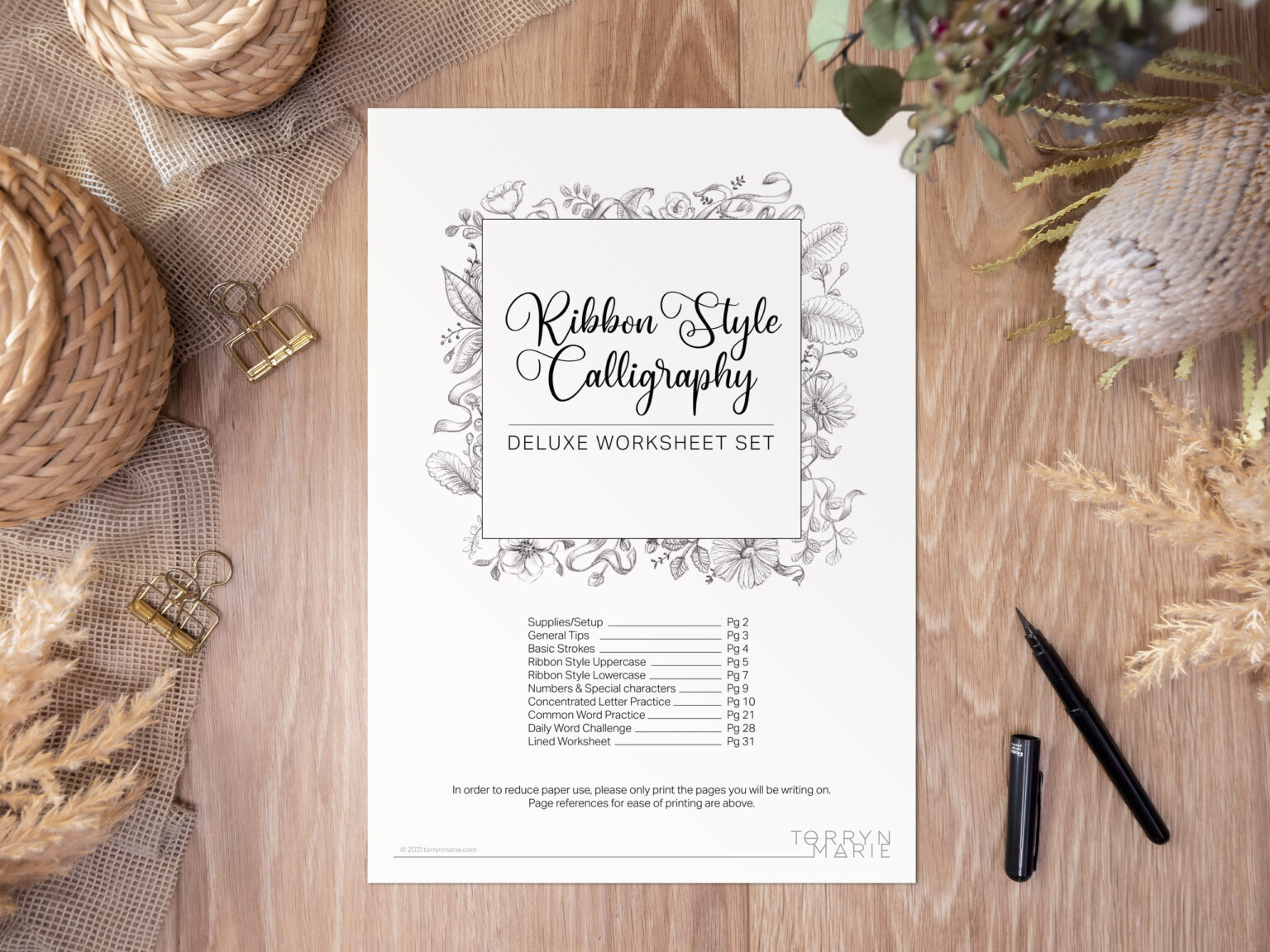 Brush Pen Calligraphy Worksheet Set | Ribbon Style – Torryn Marie